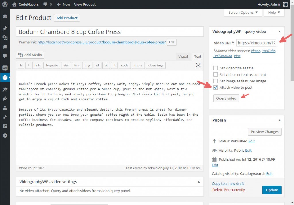 WooCommerce product video - WordPress plugin VideographyWP